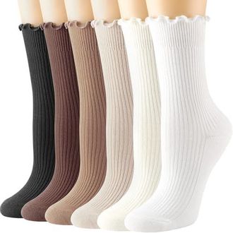 Dreshow 6 Paires Chaussettes &agrave; Volant de Coton en Tricot pour Femme - Laitue D&eacute;contract&eacute;es Respirantes