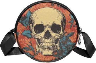 Generic Sac à bandoulière rond pour femme, motif tête de mort rétro, fleurs, petit sac à bandoulière avec fermeture éclair, bretelles réglables, sac à main ro