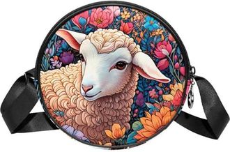 Generic Petit sac &agrave; bandouli&egrave;re rond pour femme, motif mouton color&eacute; avec fermeture &eacute;clair, bretelles r&eacute;glables, sac &agrave; main rond d&eacute;contract&eacute; pour femmes et fi