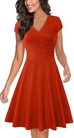 Onsoyours shownicer Robe Femme de Cocktail Vintage Rockabilly Robe pliss&eacute;e au Genou Manche Courte Col V R&eacute;tro Swing Mini Robe pour Bal Mariage Rouge XS