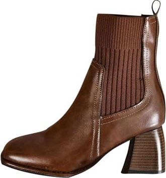 Generic Bottines Chelsea pour femme &agrave; talon bloc - &Eacute;l&eacute;gantes - Style r&eacute;tro - Couleur unie - Extensibles - Confortables - Pour le travail et les loisirs, marro