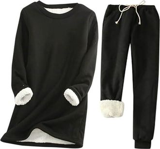 Generic Ensemble de survêtement doublé en polaire pour femme, couleur unie, ensemble thermique pour lhiver, ensemble confortable, vêtements de loisirs tendanc