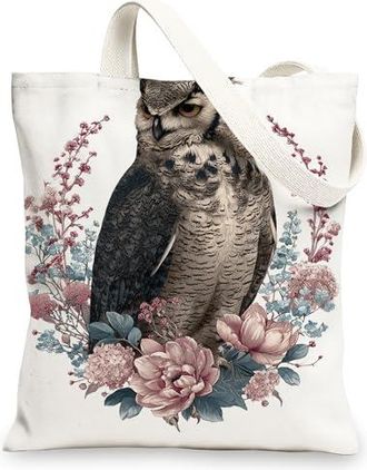 Generic Sacs fourre-tout en toile motif hibou, sacs dépicerie réutilisables, vintage, légers et lavables, sacs en toile pour Gy, blanc, 13x15 Inch