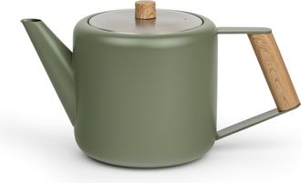 Bredemeijer grüne Edelstahl Teekanne 1.1 Liter - Griff in Holzoptik - doppelwandige Retro Kanne - für längeren, warmen Teegenuss