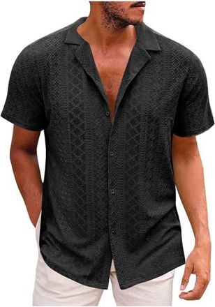 Generic Chemise dété à col pour homme, chemise de plage ajourée boutonnée, chemises solides à manches courtes, coupe ample, loisirs et vacances, chemises de t