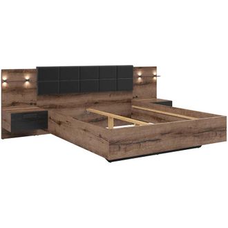 PEGANE Lit double 180x200 + 2 tables de chevet &eacute;clairage LED coloris Ch&ecirc;ne marron fonc&eacute;/Ch&ecirc;ne noir - Longueur 206 x Profondeur 185-285 x Hauteur 42-98,5 cm