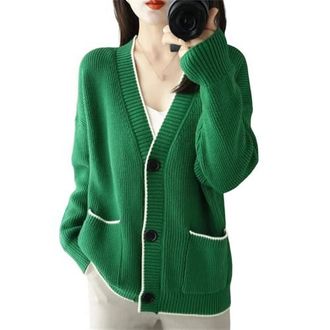 Generic Pull dhiver en tricot &agrave; col en V pour femme - Manches longues - Style d&eacute;contract&eacute;, vert, Taille L