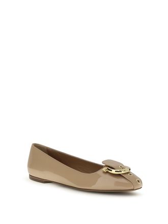 Ferragamo Womens Ballerina Flats Gancini Pain Amaretti Calf Leather Shoes