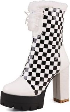 Generic Bottines à Bout Rond pour Femmes avec Motif à Carreaux Garniture floue Plate-Forme Talons carrés épais avec Fermeture éclair latérale Party Club Botte