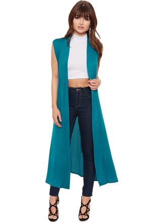 WearAll Damen Lang Maxi Geöffnet Ärmellos Top Jacke Kragen Ebene Strickjacke - Teal - 40-42