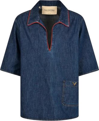 Valentino Garavani V-Ausschnitt Baumwollhemd - - Blouses & Shirts - Damen - Blau - S