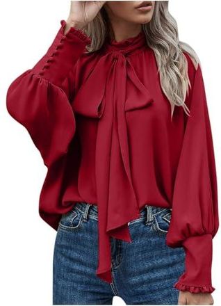 Generic Pull habill&eacute; &eacute;l&eacute;gant avec noeud papillon et col montant - Manches lanterne &agrave; volants - Chemise en mousseline de soie - Chemisier long d&eacute;contract&eacute; &agrave; ma