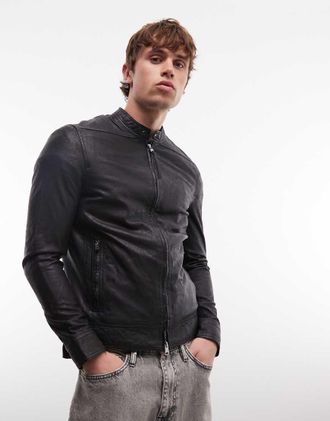 AllSaints Colt - Lederjacke in Schwarz mit durchgehendem Rei&szlig;verschluss