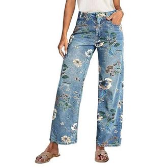 Generic Jean large pour femme - Pantalon droit avec motif floral - Taille haute - Confortable - Jambe droite - Pantalon boyfriend - Pantalon de loisirs &eacute;l&eacute;gan