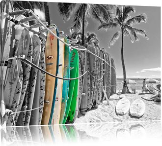 Pixxprint bunter Surfboards am Strand B&W, Größe: 100x70cm, Leinwandbild, fertig gespannt, Wandbild, Dekoration, Kunstdruck, kein Poster