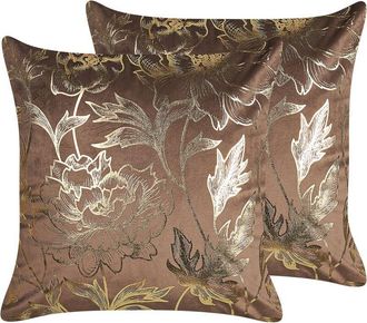 Beliani Beliani - Lot de 2 Coussins en Velours à Imprimé Floral 45 x 45 cm Marron et Doré Daffodil
