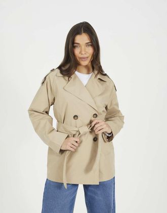 Brave Soul Trench-coat crois&eacute; court avec ceinture &agrave; nouer - Taupe-Neutre