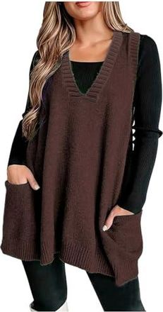 Generic Gilet Bouffant l&eacute;ger et Confortable avec Poche Confortable pour Femme - Pull sans Manches &agrave; col en V - Tricot Ample - Tunique Flatteuse mi-Longue pour