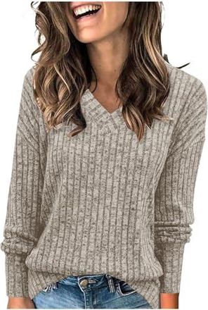 Generic Pull Laine Femme,Pull Ample de Couleur Unie Chaude à la Mode Col Rond/COL V boutonné Haut à Manches Longues Sweater Femmes Hiver Chaud léger Chic élég