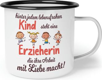 OM3 Kita Abschied Kindergarten Emaille-Tasse mit Spruch - Dankeschön an Erzieherin Erzieherin | Emailletasse Emaille Becher | 12oz 300ml | Beidseitig Bedr