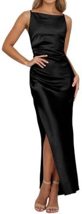 Generic Robe midi moulante en satin avec col b&eacute;nitier et dos nu fronc&eacute; pour femme, robe midi pour le travail, lautomne 2025, Noir, S