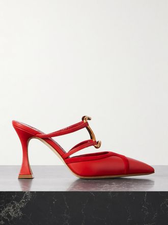 Manolo Blahnik Tituta 90 Mules Aus Leder Mit Velourslederbesätzen Und Verzierung - Rot