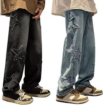 Generic Jean large pour homme - Style r&eacute;tro - &Eacute;l&eacute;gant - Coupe droite - Avec motifs &eacute;toiles - Style classique Y2K - Pour skateboard - Tendance - Hip Hop - Bagg