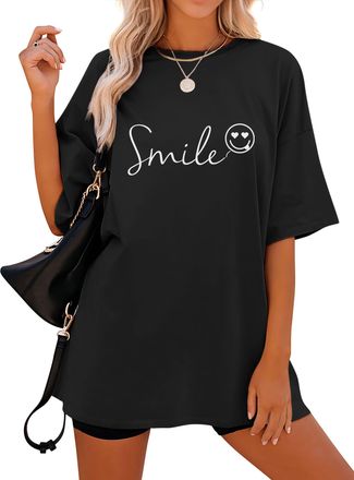 Dresswel Tshirt Damen Oversize Smile T-Shirt Kurzarm Rundhals Oversized Tshirts Lose Sommer Tops Lang Oberteile Bluse f&uuml;r Frauen Teenager M&auml;dchen