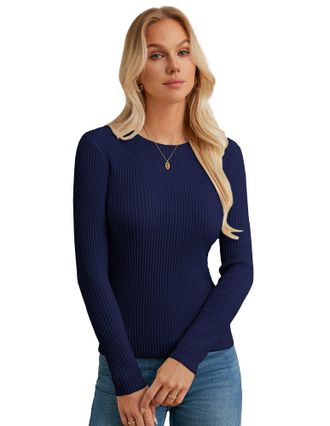 Grace Karin Damen Eleganter Langarmshirt mit Reverskragen Rundhalsausschnitt Stretch Dünner Pullover Bluse Marine M