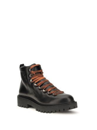 Prada Leather Lace-Up Boots - Black