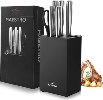 Oleio Maestro 6-teiliges K&uuml;chenmesser-Set mit schwarzem Messerblock | Kochmesser Set und K&uuml;chenschere aus Edelstahl | Block mit Messersch&auml;rfer | Edelstahlgr
