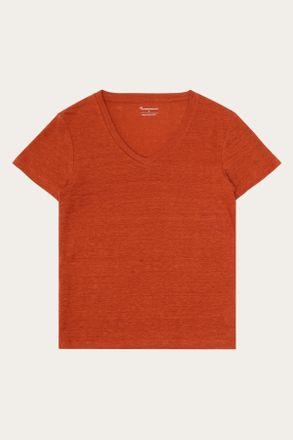 Knowledge Cotton Apparel Damen vegan T-Shirt Leinen V-Ausschnitt Gebrannter Ziegel