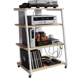 Relaxdays Relaxdays Hifi-Rack, 4 niveaux, pour platine vinyle et cha&icirc;ne st&eacute;r&eacute;o, m&eacute;tal/MDF, 78&times;61&times;52 cm, naturel/blanc