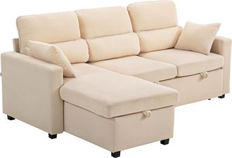 HOMCOM Ecksofa mit Schlaffunktion L-Form Sofa Couch mit Bettkasten, Kissen, 3-Sitzer Wandelbare Eckcouch mit Cordoptik für Wohnzimmer, Gästezimmer, Beige