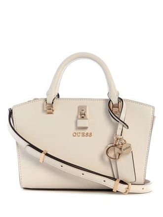 Guess Queensland Mini Satchel, Sac &agrave; bandouli&egrave;re Femmes, Blanc cass&eacute;/Taupe, Taille Unique