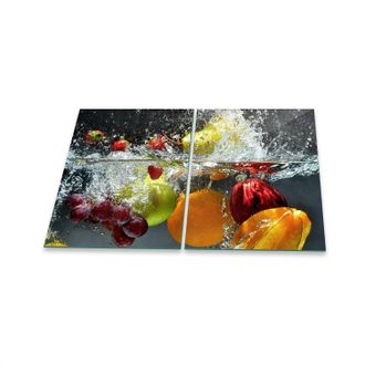 Decorwelt Herdabdeckplatte Abdeckung Ceranfeld Abdeckplatte Schneidebrett 2-Teilig 80x52 Fr&uuml;chte Mehrfarbig Spritzschutz Glasplatte Ceranfeldabdeckung Schutz He