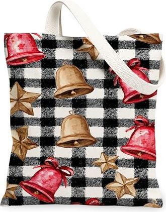 Generic Sacs fourre-tout d&eacute;coratifs en toile, motif cloche festive, sacs &agrave; provisions r&eacute;utilisables, style ferme chic, l&eacute;ger et lavable, Rouge, 13x15 Inch