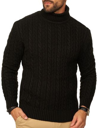 Behype. Herren Rollkragenpullover als Strickpullover in Grobstrick mit Zopfmuster - Winterpullover im Regular-Fit - Warmer Rolli Pulli f&uuml;r M&auml;nner DC_7801-Blac