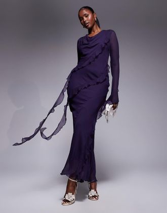 Daska Robe longue en mousseline &agrave; d&eacute;tails volant&eacute;s - Violet
