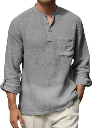 Generic Chemise d&eacute;contract&eacute;e en coton et lin &agrave; manches longues boutonn&eacute;e pour homme - Chemise Henley l&eacute;g&egrave;re &agrave; manches longues - Col boutonn&eacute; - Uni - Pour homm