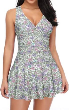 SHEKINI Maillot de Bain Une Pi&egrave;ce Femme avec Jupette D&eacute;collet&eacute; Profond en V Maillot de Bain 1 Pi&egrave;ce(L, ZH)