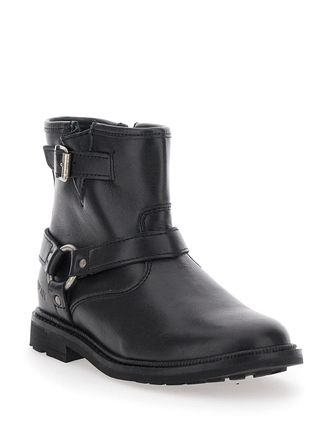 Pom dApi Girls Black Ankle Boots With Harness Detail Rubber