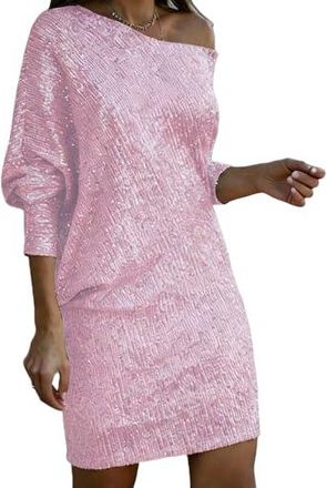 Generic Mini robe asym&eacute;trique &agrave; paillettes &agrave; &eacute;paules d&eacute;nud&eacute;es pour femme - Robe de soir&eacute;e formelle &agrave; paillettes, rose, XXL