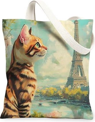 Generic Sac fourre-tout en toile motif chats du Bengale printanier, 33 x 38,1 cm, tour romantique, sac d&eacute;picerie r&eacute;utilisable pour femme, peinture danimaux do