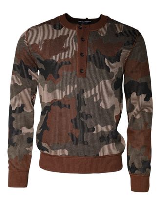 Dolce & Gabbana Mens Camouflage Crew Neck Sweater Brown Polyester Silk Viscose