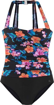 Lascana Damen Badeanzug hübsches Blütendesign mit unifarbenem Slip, Shaping-Einsatz, integrierte Softcups, Moderne Passform, weiche, elastische Qualität