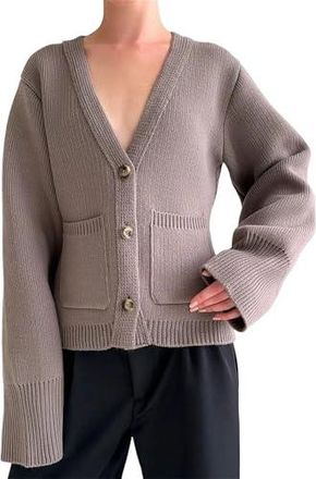 Generic Cardigan en tricot &agrave; manches longues et col en V pour femme, champagne, Taille XS