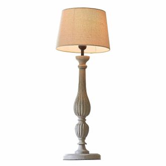 Loberon Tischlampe Zepinal, Kunstvoll Gedrechselter Lampenfu&szlig;, Klassisch-elegantes Design, Tischleuchte, Kiefernholz, Leinen, Polyester, antikgrau/creme