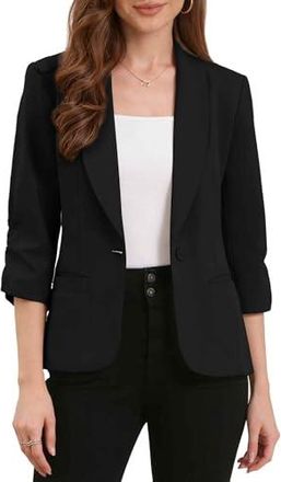 Allegra K Femme Blazer de Travail à Revers Châle Manches 3/4 Fermeture à 1 Bouton Veste pour Bureau Noir XL
