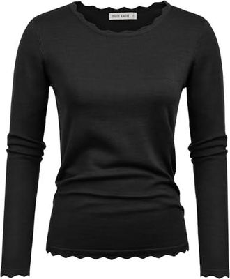Grace Karin Pull décontracté à col Rond pour Femme - Coupe ajustée - Tricoté - Élégant Chemisier en Dentelle - Rétro uni - Manches Longues - Haut de fête - Noir X